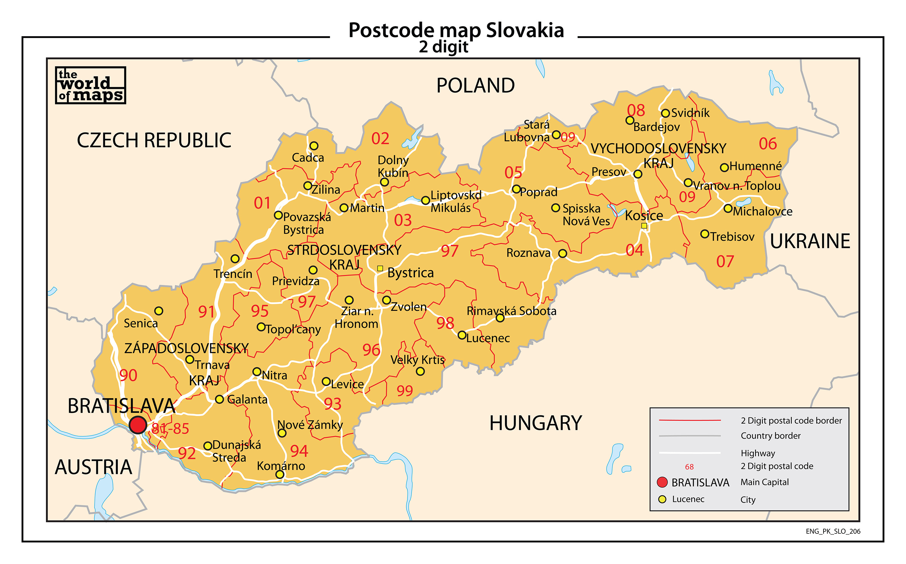 Slowakije 2-cijferige postcodekaart 206 | Kaarten en Atlassen.nl