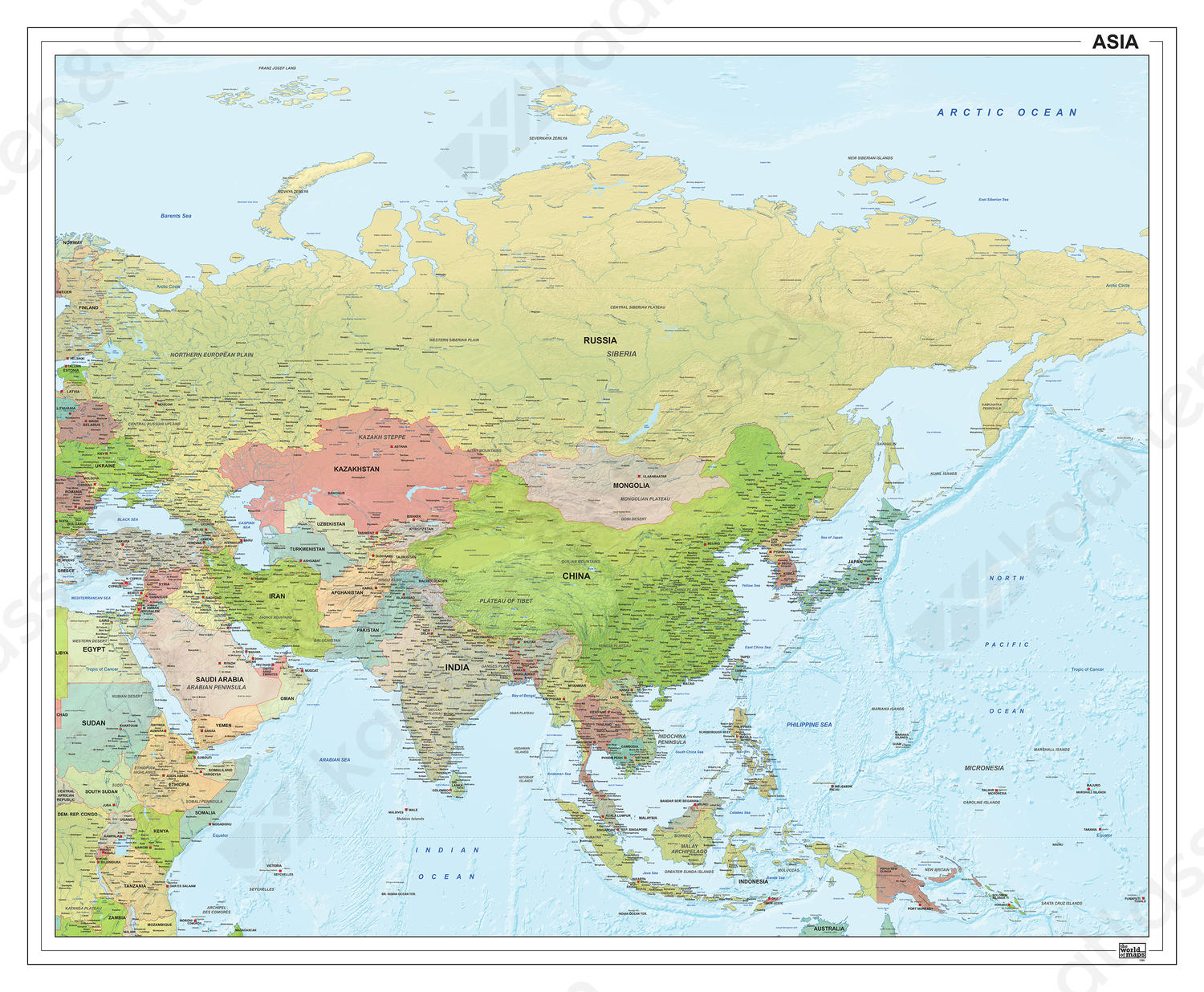 Digitale Azië staatkundig met reliëf 1295 | Kaarten en Atlassen.nl