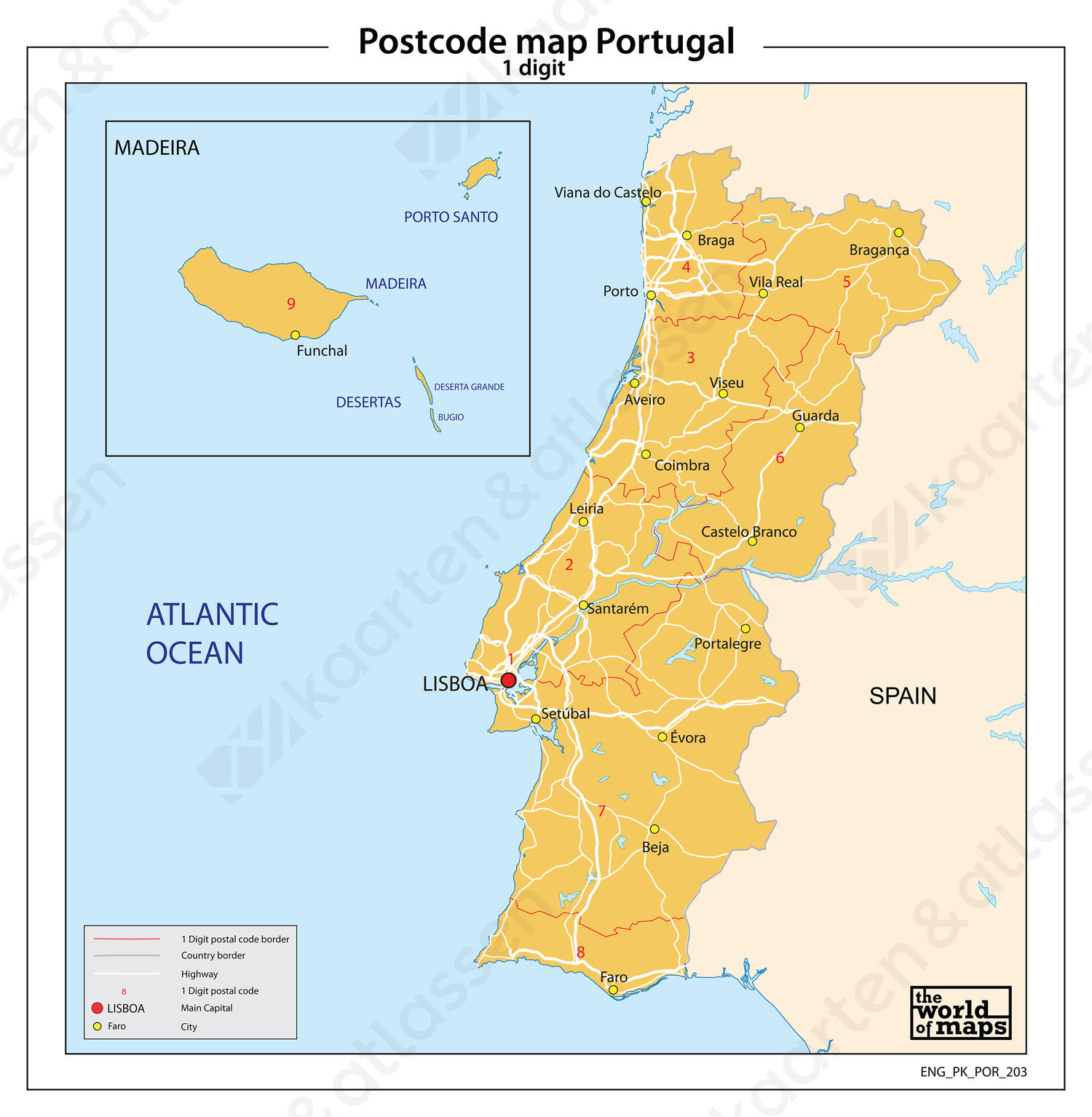 Digitale postcodekaart Portugal 1-cijferig 203 | Kaarten en Atlassen.nl