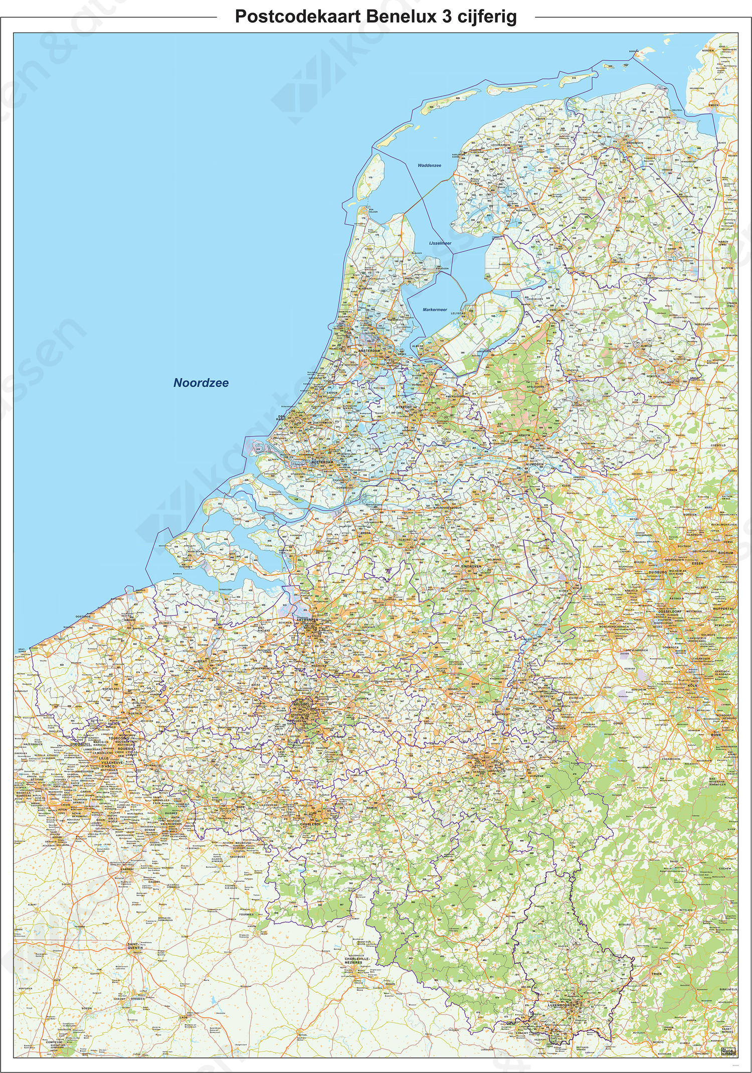 Postcodekaart Benelux 3-cijferig 200 | Kaarten en Atlassen.nl