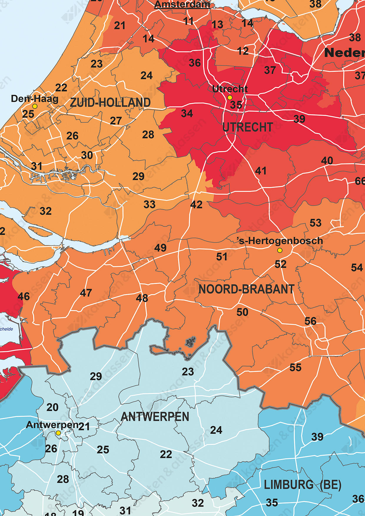 Beprikbare Postcodekaart Benelux 2-cijferig 761 | Kaarten en Atlassen.nl