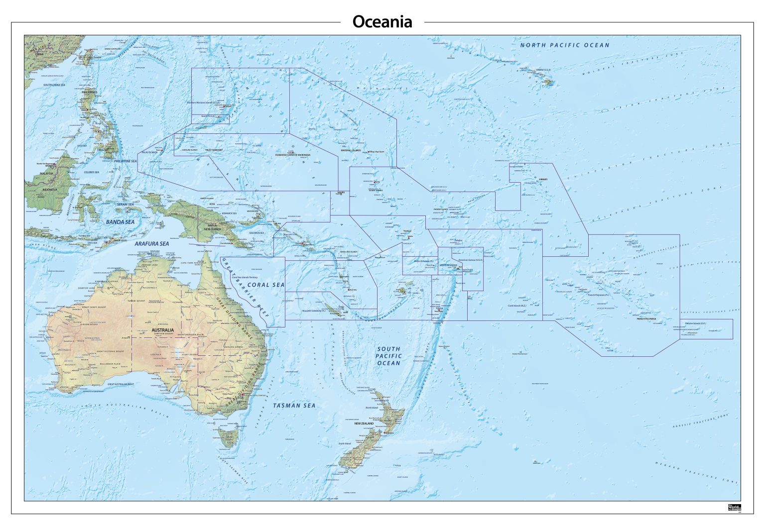 Oceanië natuurkundige kaart 640 - Kaarten en Atlassen.nl