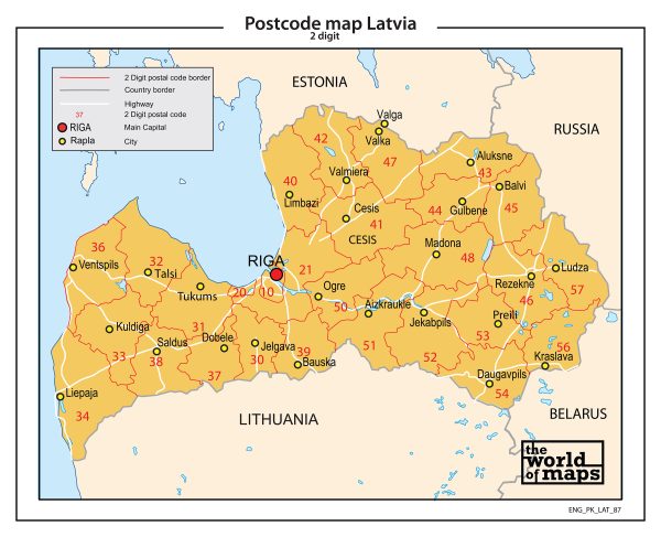Letland 2-cijferige postcodekaart 87 - Kaarten en Atlassen.nl