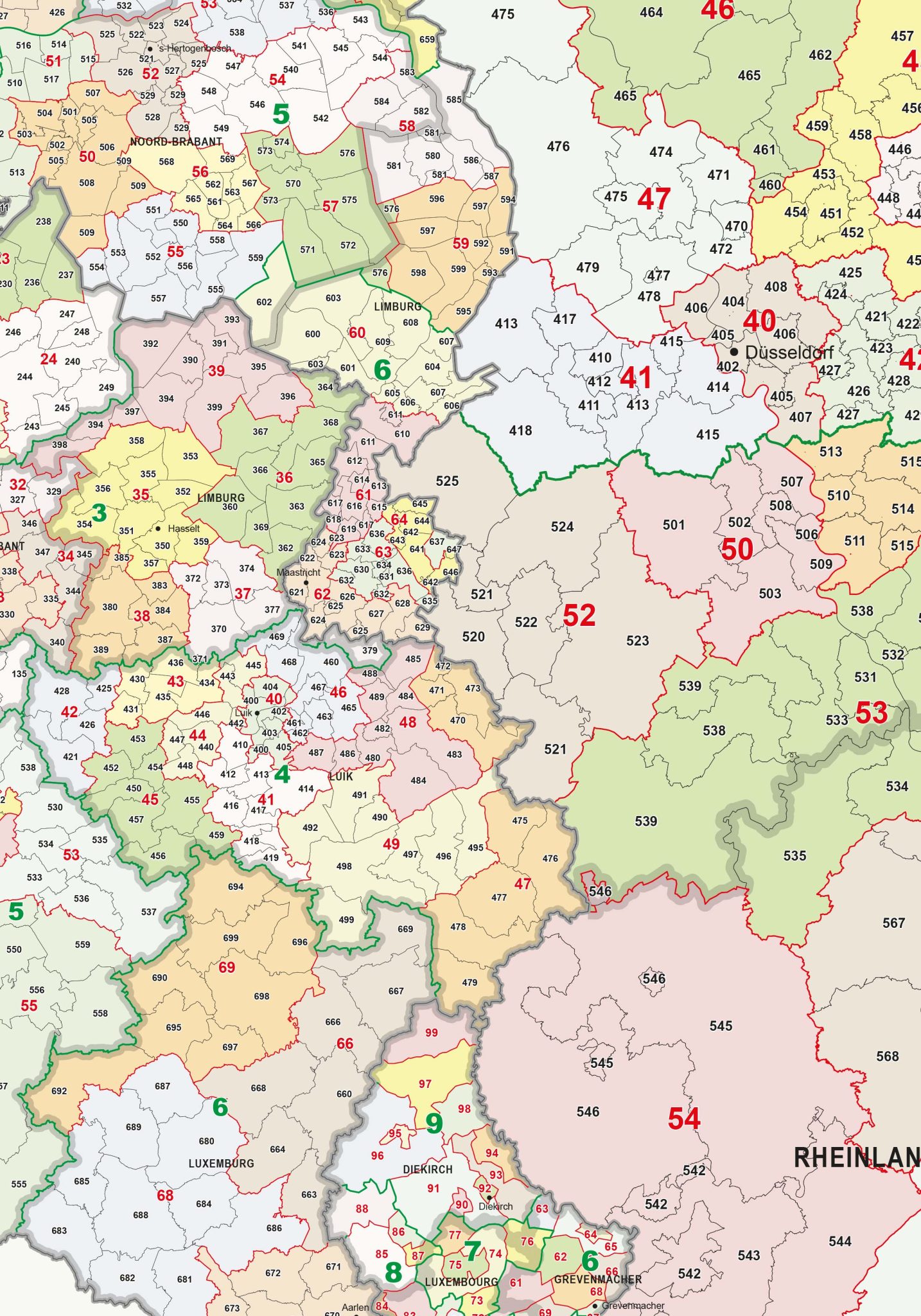 Postcodekaart Benelux + Duitsland 3-cijferig 1392 - Kaarten en Atlassen.nl