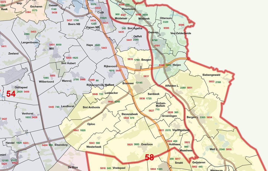 2- en 4-cijferige Postcodekaart Nederland met HH aantal XXL 1261 ...