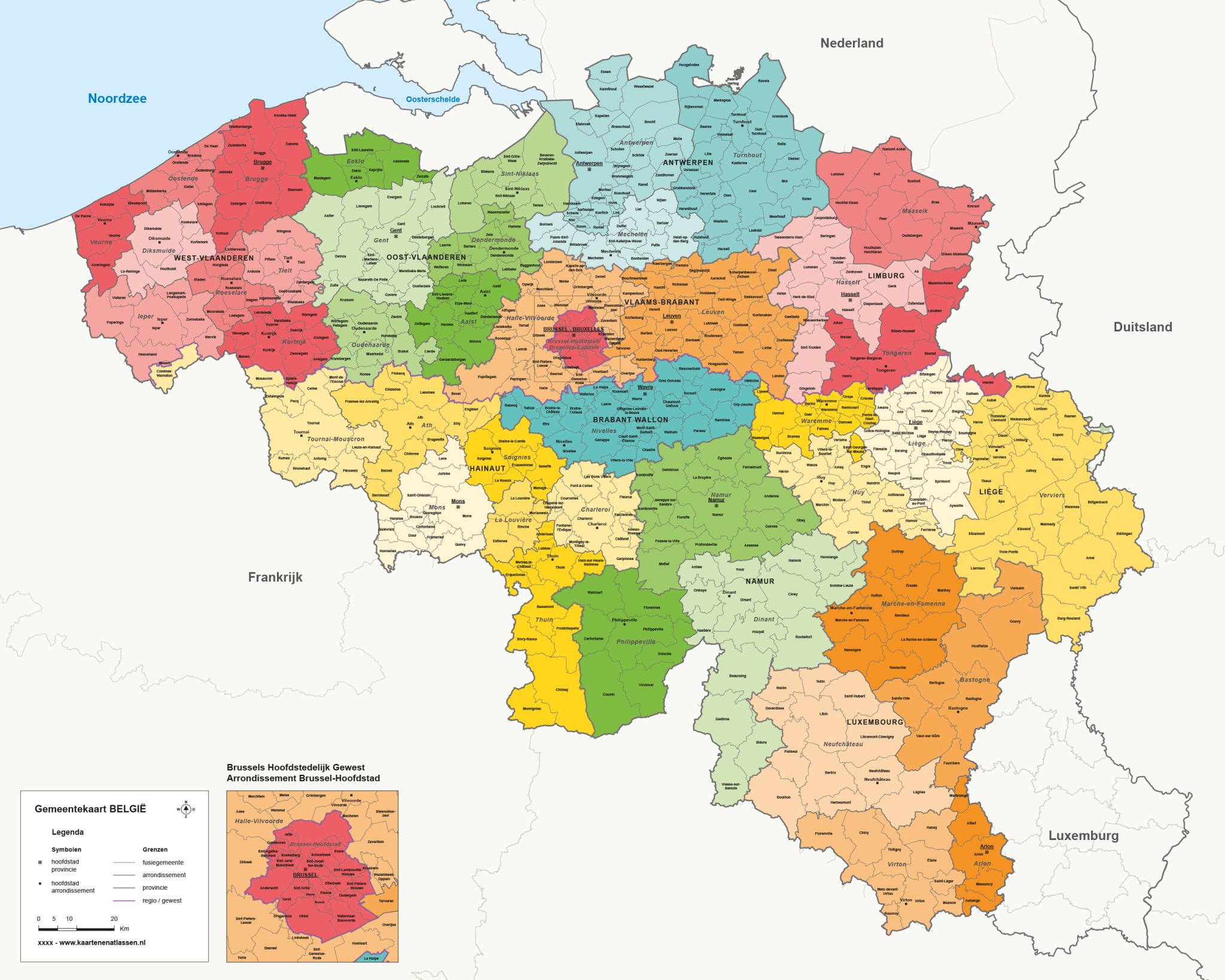 Gemeentekaart België Gekleurde provincies 372 - Kaarten en Atlassen.nl