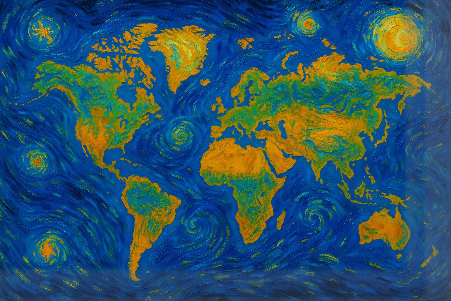 Geschilderde Wereldkaart naar Van Gogh 1933 - Kaarten en Atlassen.nl