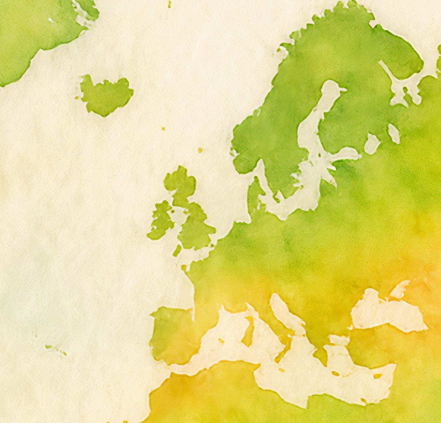Aquarel Wereldkaart in geel en groen 1980 - Kaarten en Atlassen.nl