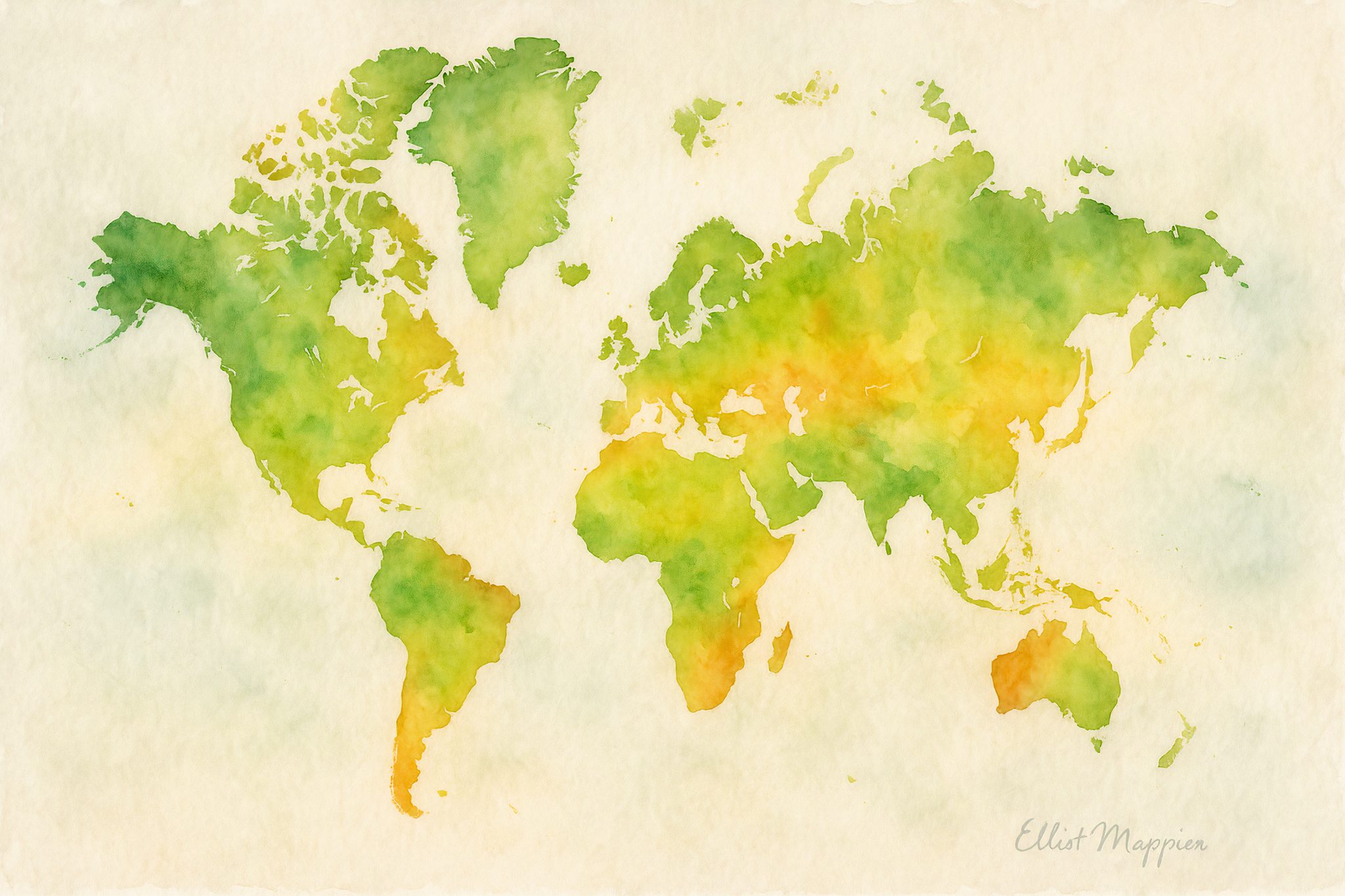 Aquarel Wereldkaart in geel en groen 1980 - Kaarten en Atlassen.nl